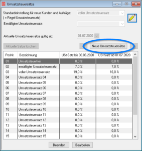 Umsatzsteuer-Sätze gemäß den gesetzlichen Vorschriften anpassen – NET5 PLUS
